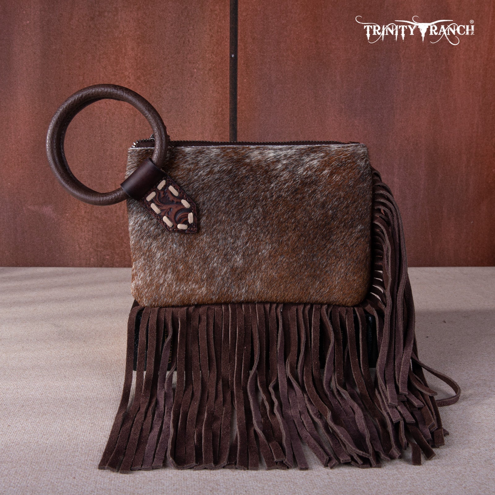 Trinity Ranch Genuine Hair-on Cowhide Ring Handle Wristlet Clutch Bag ...